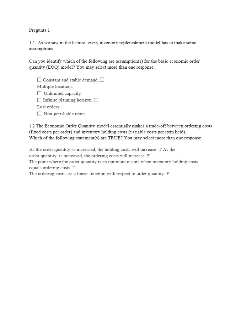 Taller EOQ - Cuestionario | PDF | Mathematics | Applied Mathematics