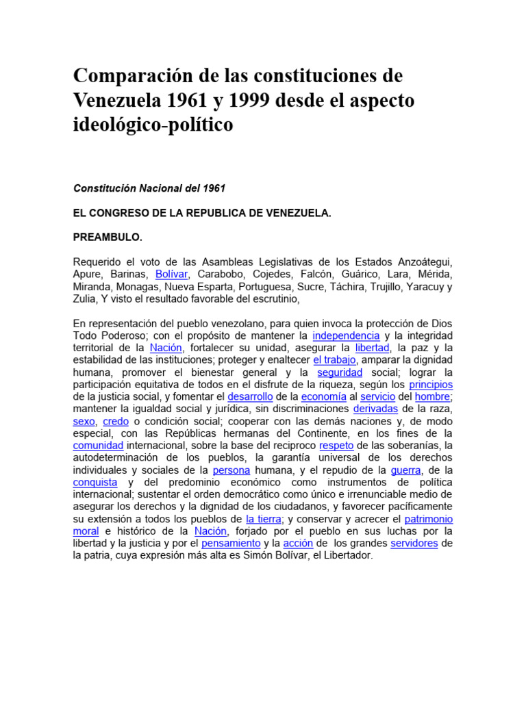 Omparación de Las Constituciones de Venezuela 1961 y 1999 Desde El ...