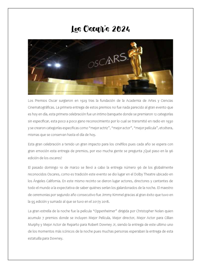 Resumen de los Oscar 2024: Momentos Clave | PDF | premios de la Academia