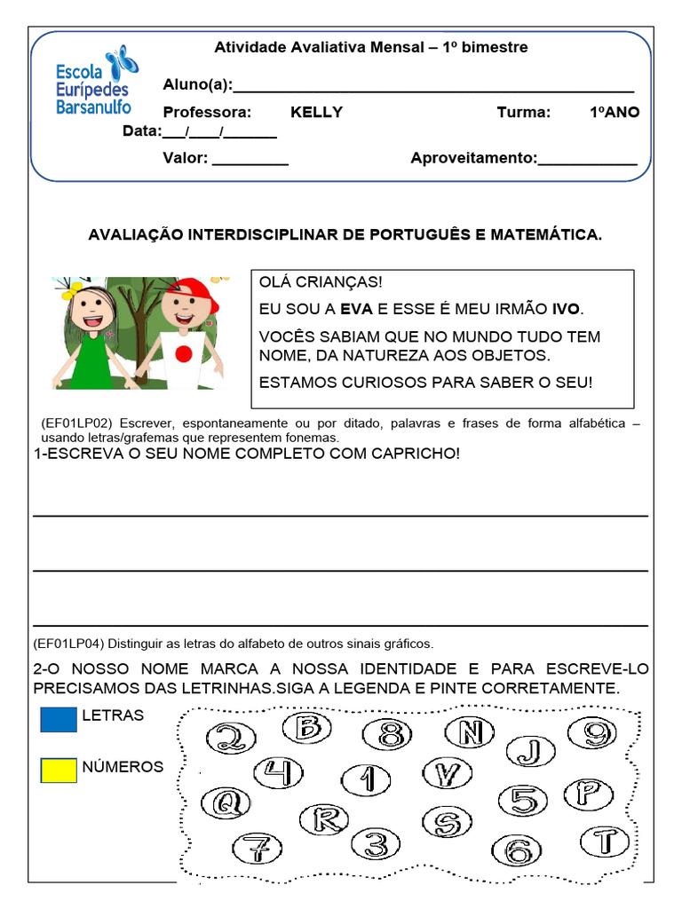 PROVA DE PORTUGUES E MATEMATICA MENSAL 1 BI | PDF | Escrita | Alfabeto