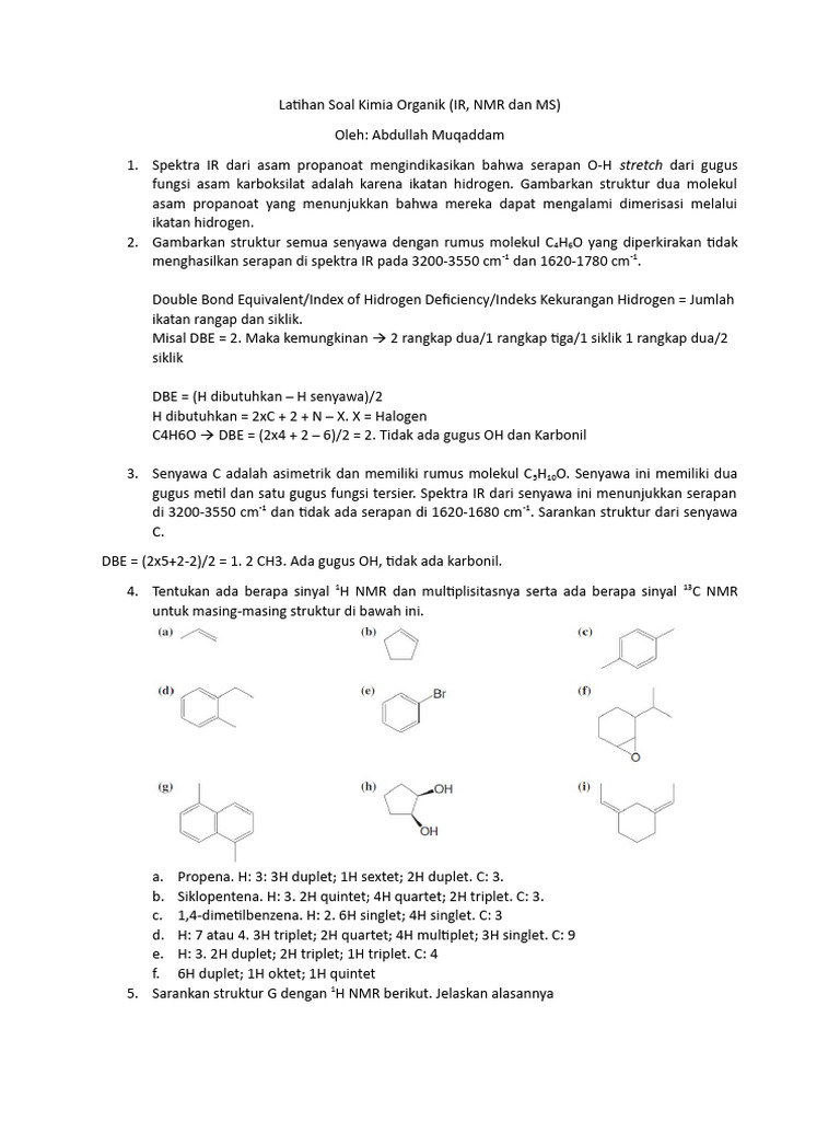 Latihan Soal Kimia Organik: IR, NMR, MS | PDF | Metode & Bahan Ajar ...