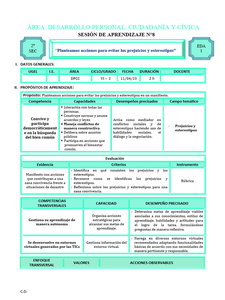 2° Sesión de Aprendizaje Sesión8-Sem.4-Exp.1 - DPCC | PDF | Aprendizaje | Estereotipos