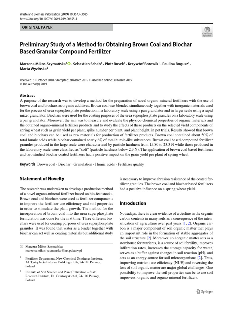 Preliminary Study of A Method For Obtaining Brown Coal and Biochar Based Granular Compound ...