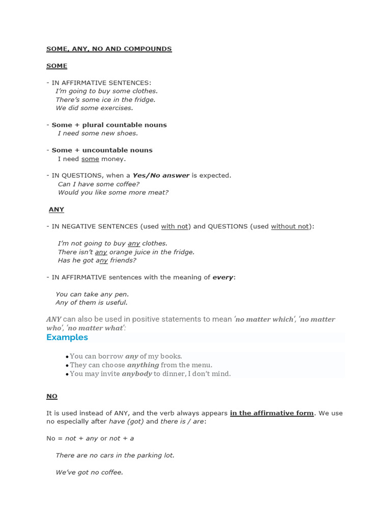 Some - Any - No - Every and Their Compounds Lesson | PDF | Morphology ...