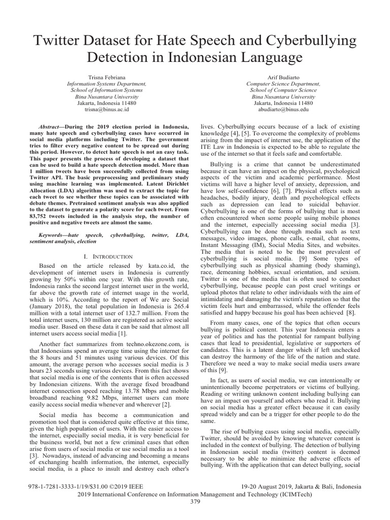 Twitter Dataset For Hate Speech and Cyberbullying Detection in Indosian Language | PDF ...