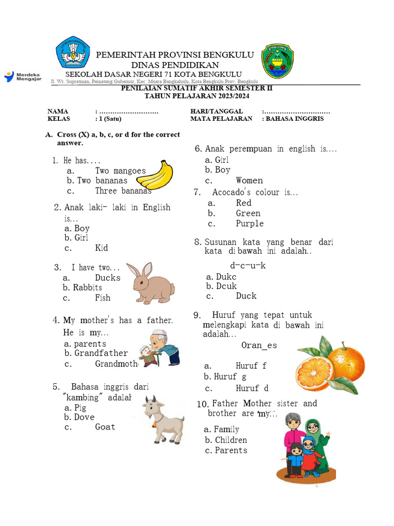 Sumatif Akhir Semester B.INGGRIS GRADE 1 SEMESTER 2 | PDF