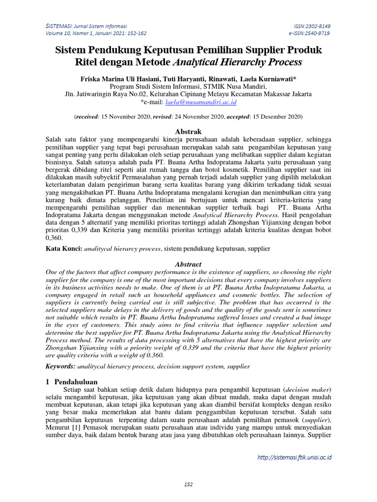 2021 Januari Sistem Pendukung Keputusan Pemilihan Supplier Produk Ritel Dengan Metode Analytical ...