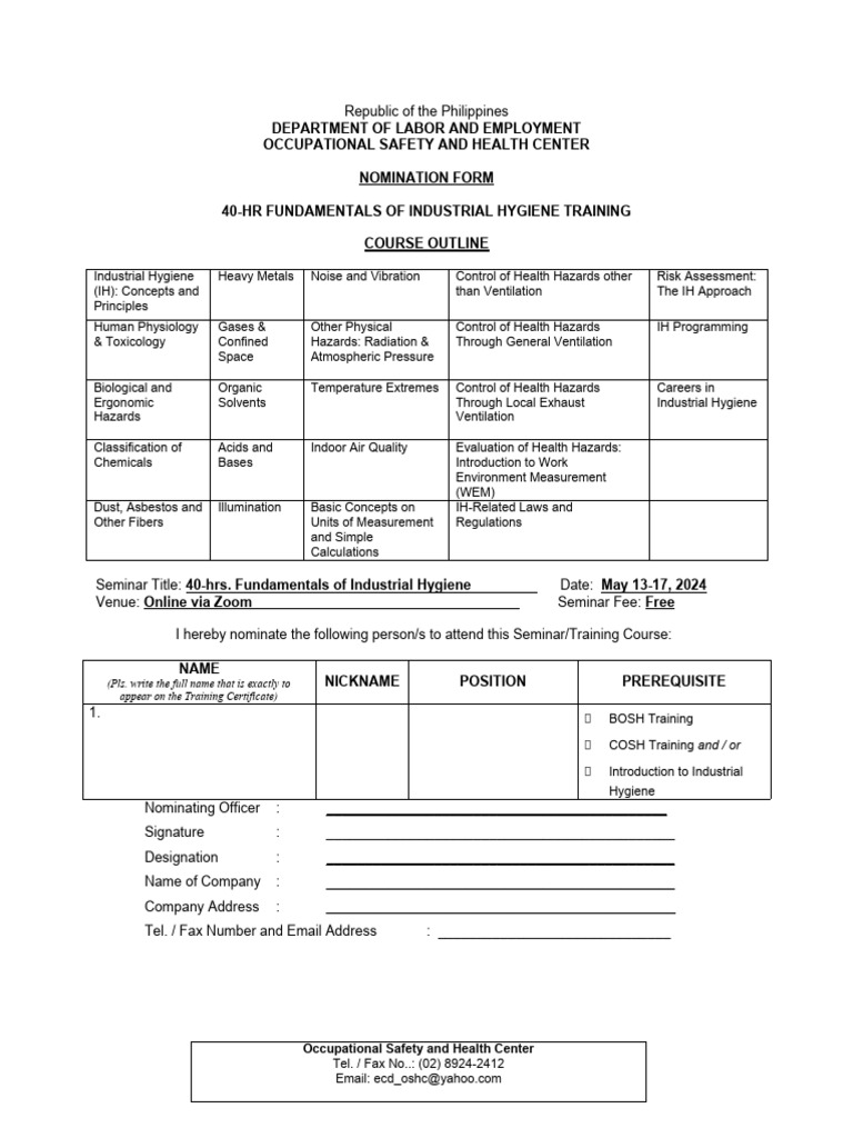 Osh Nomination Form | PDF | Occupational Hygiene | Occupational Safety And Health