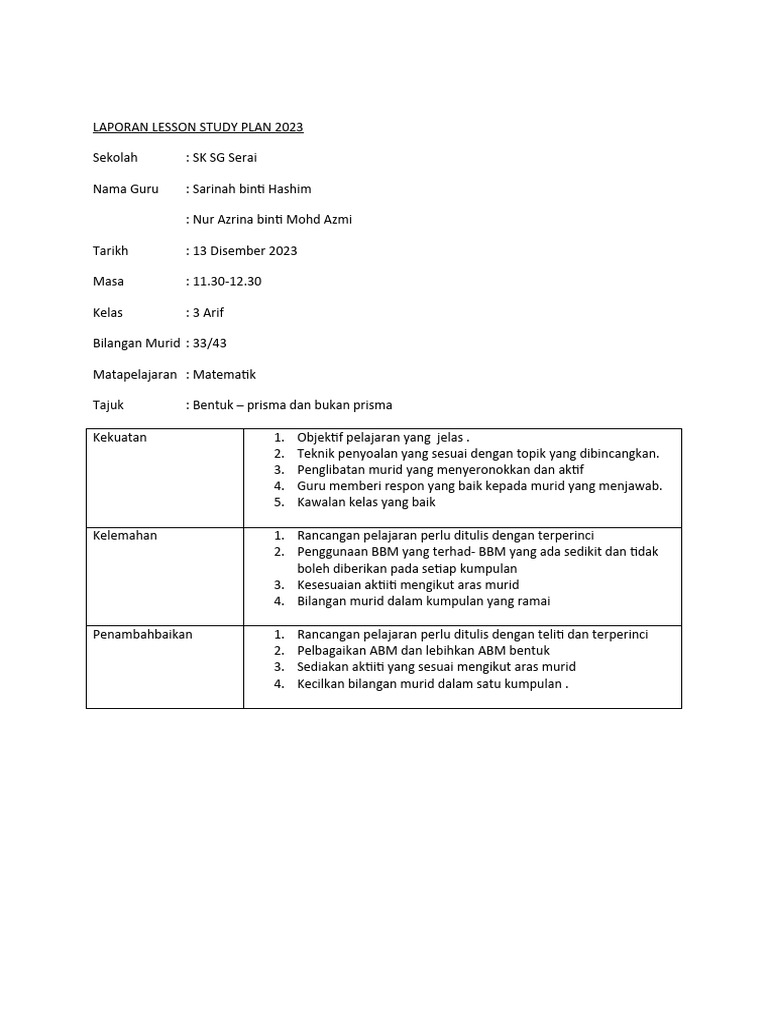 LAPORAN LESSON STUDY PLAN 2023 | PDF