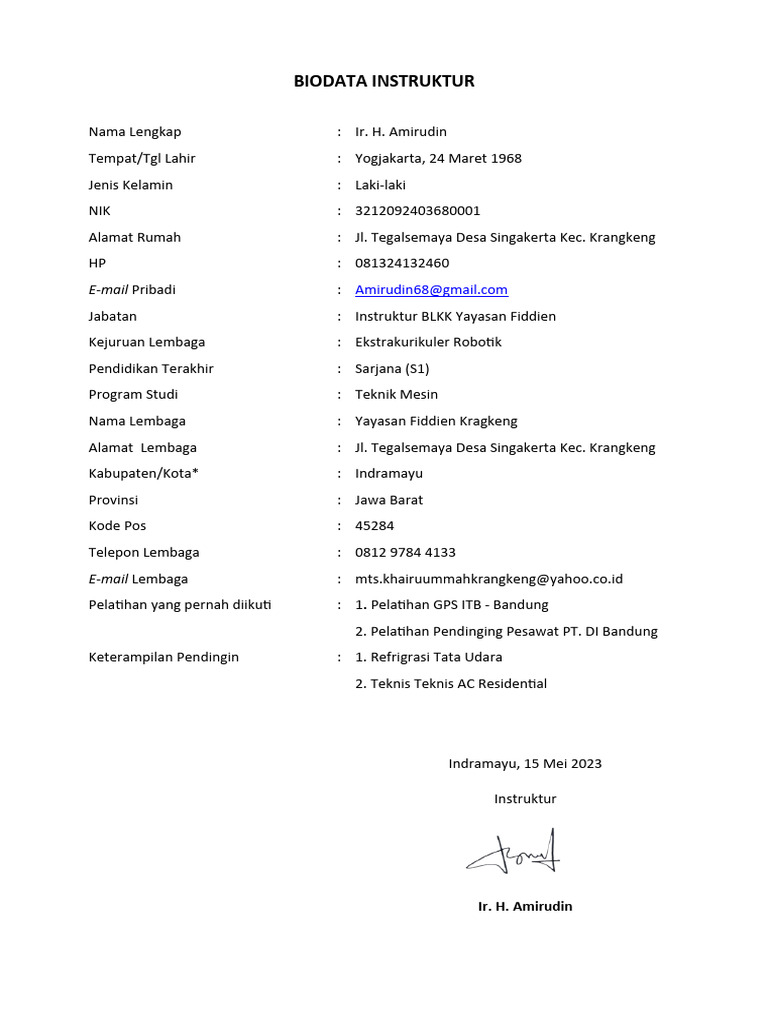 Biodata Instruktur Robotik Ir. H. Amirudin | PDF