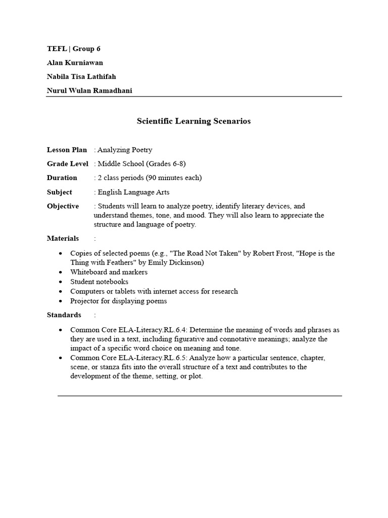 Middle School Poetry Analysis Plan | PDF | Poetry | Cognition