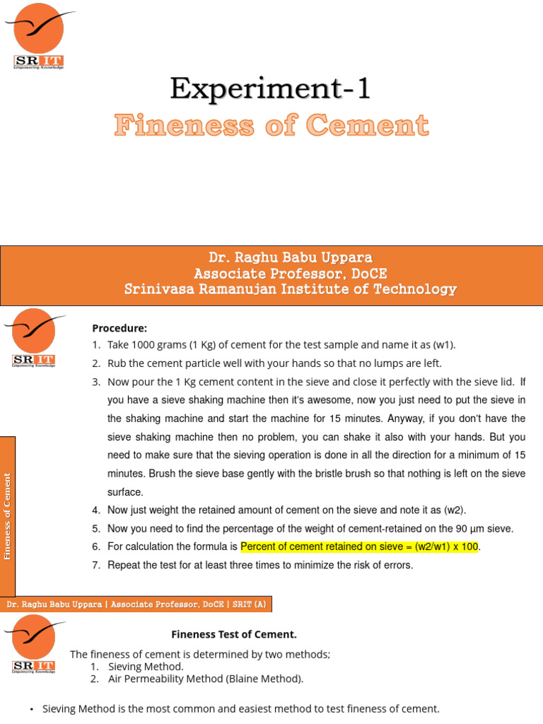 Cement Fineness Test Guide | PDF | Science & Mathematics | Technology ...