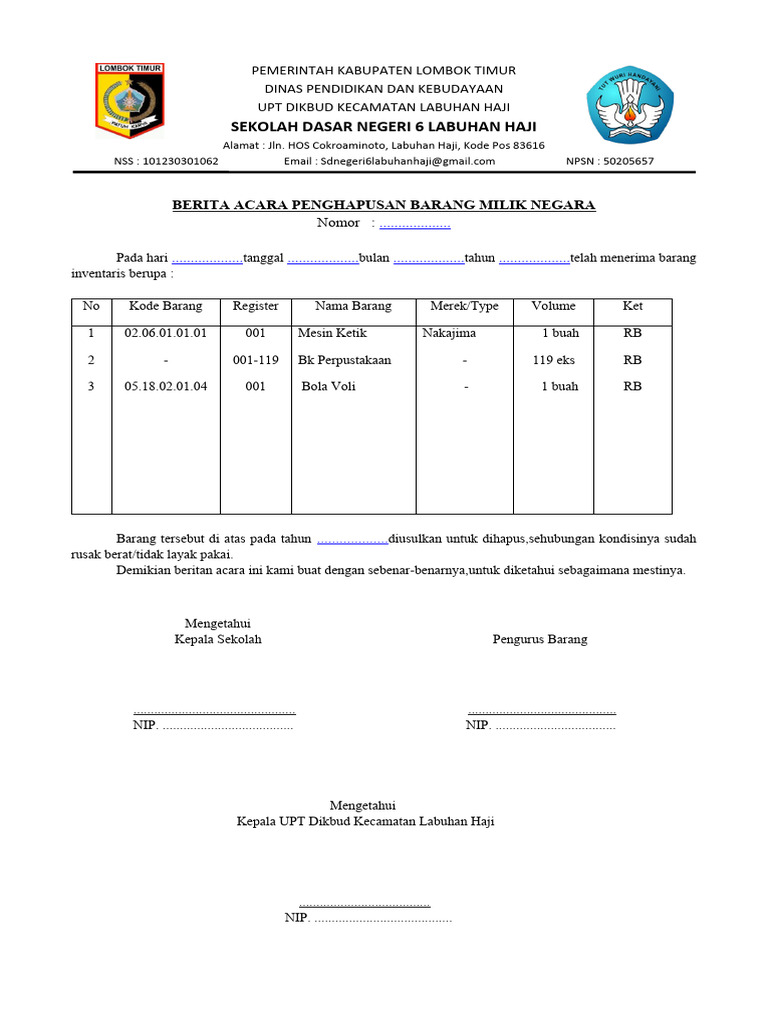 Format Berita Acara Penghapusan Barang Inventaris Sekolah (1) | PDF