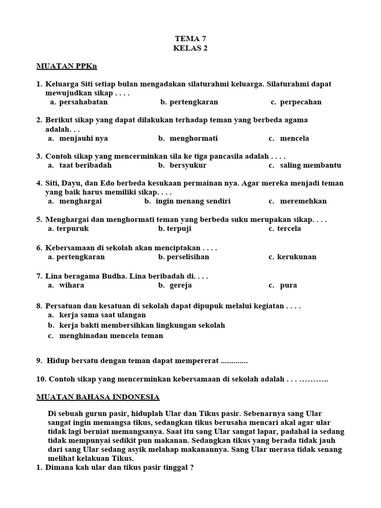SOAL PAT KELAS 2 TEMA 7 | PDF