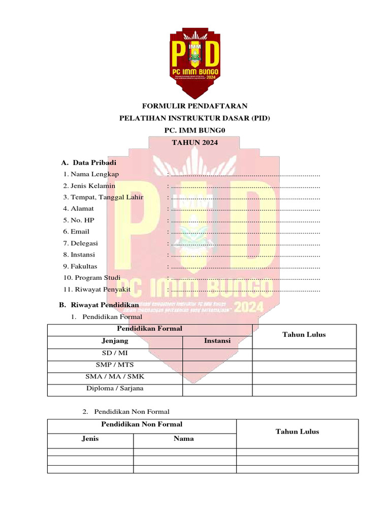 Formulir Pendaftaran Pid Imm 2024 | PDF