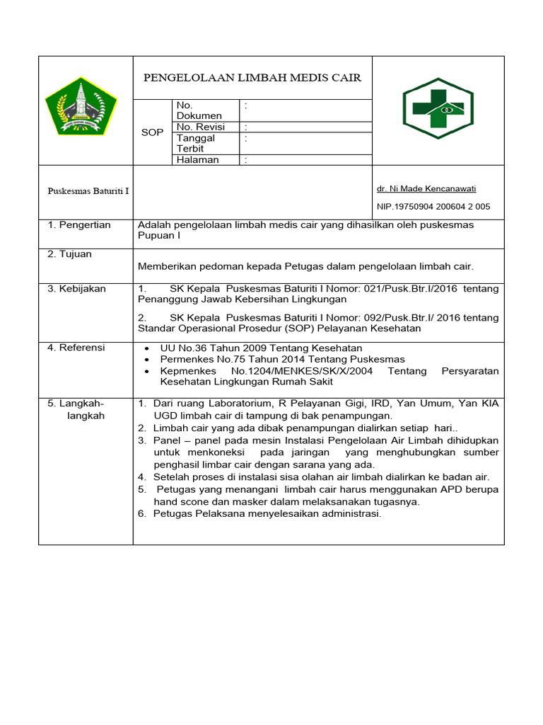 009 Sop Pengelolaan Limbah Medis Cair | PDF | Sains & Matematika