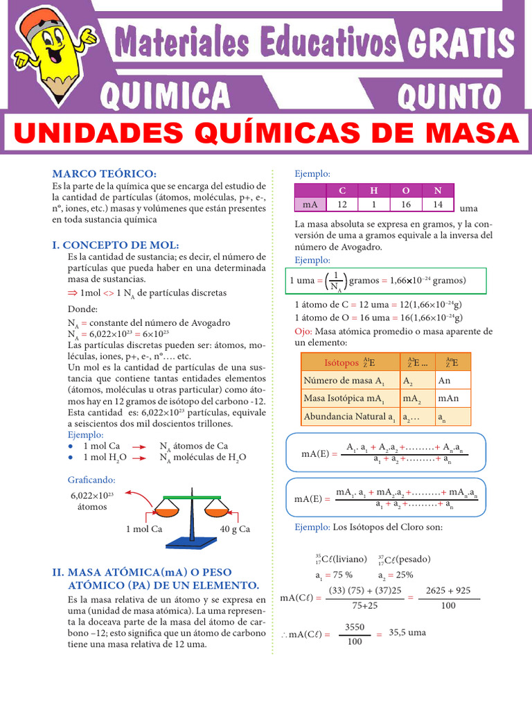 Unidades Químicas de Masa para Quinto Grado de Secundaria | Descargar gratis PDF | Mole (Unidad ...