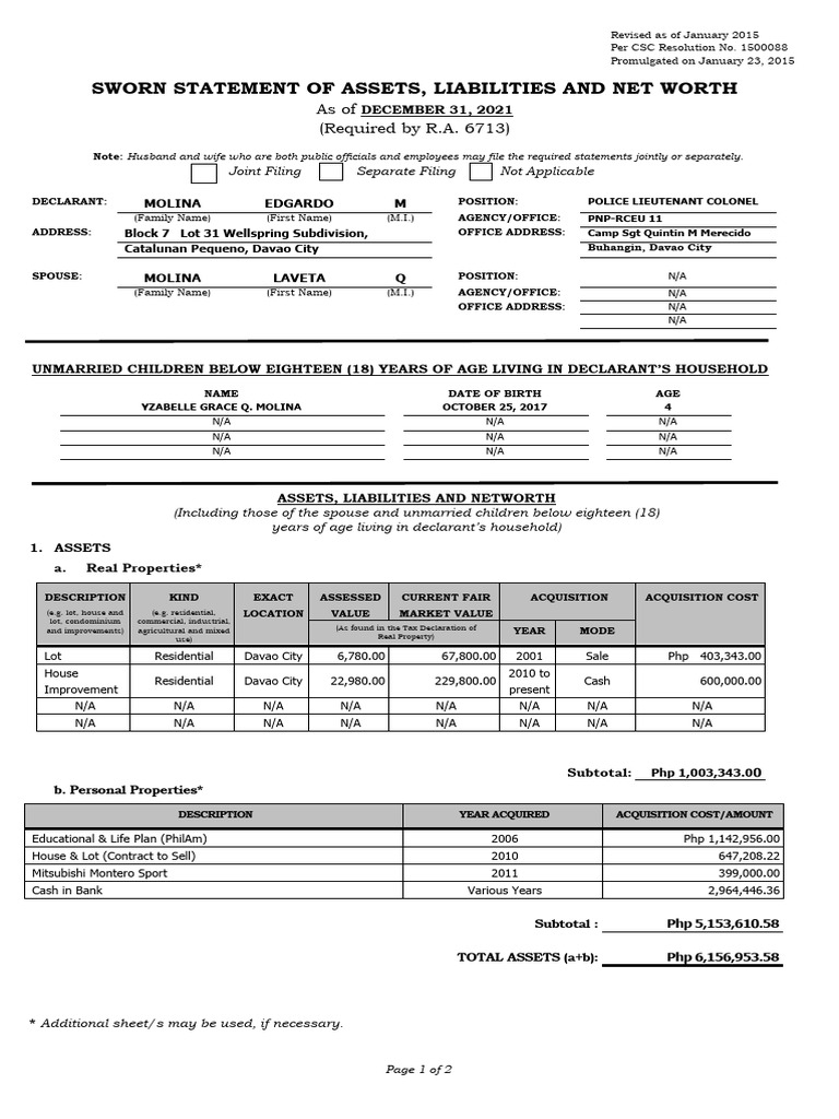 Saln 2021 Pltcol Molina | PDF | Net Worth | Money