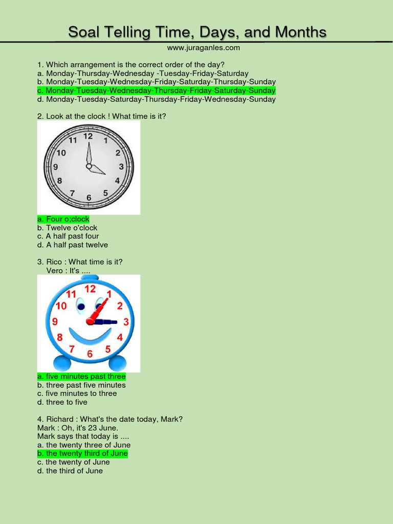 Soal Online Telling Time, Days, and Months | PDF | Foreign Language Studies