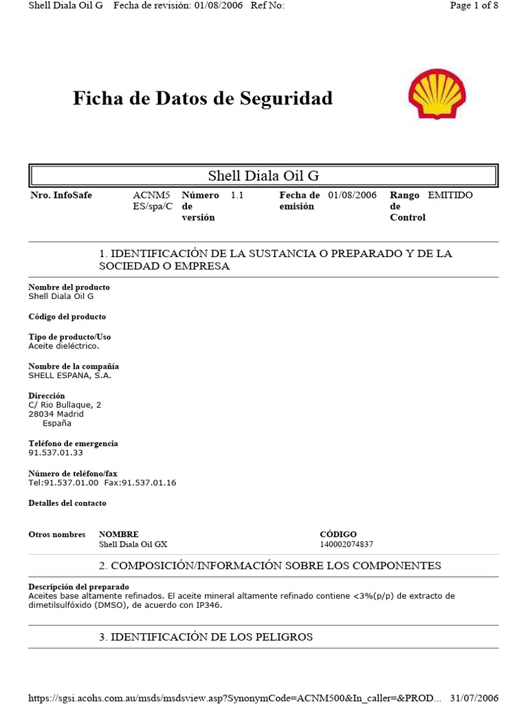 Ficha de Seguridad Aceite Dieléctrico Shell | PDF | Toxicidad | Agua