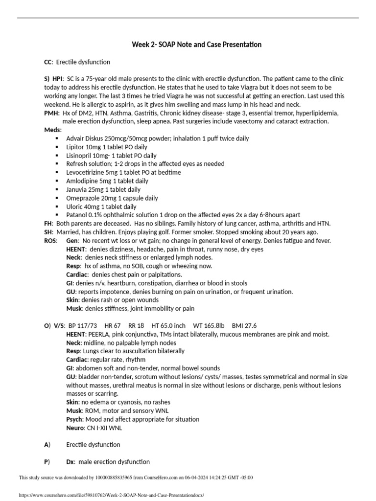 Erectile Dysfunction Case Study and SOAP Note | PDF | Asthma | Erectile ...