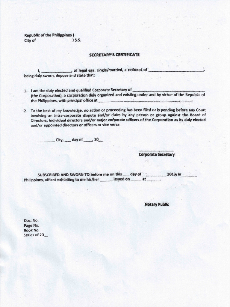 SEC Secretary's Certificate Template No Intracorporate Dispute | PDF