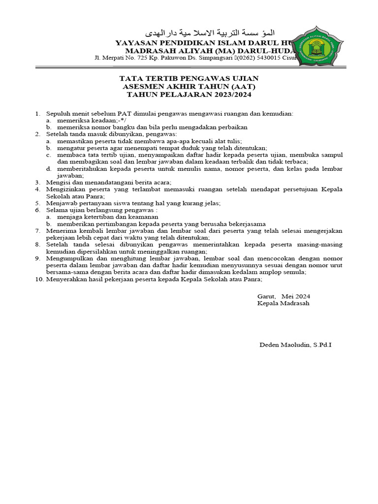Tata Tertib Ujian AAT MA Darul Huda | PDF