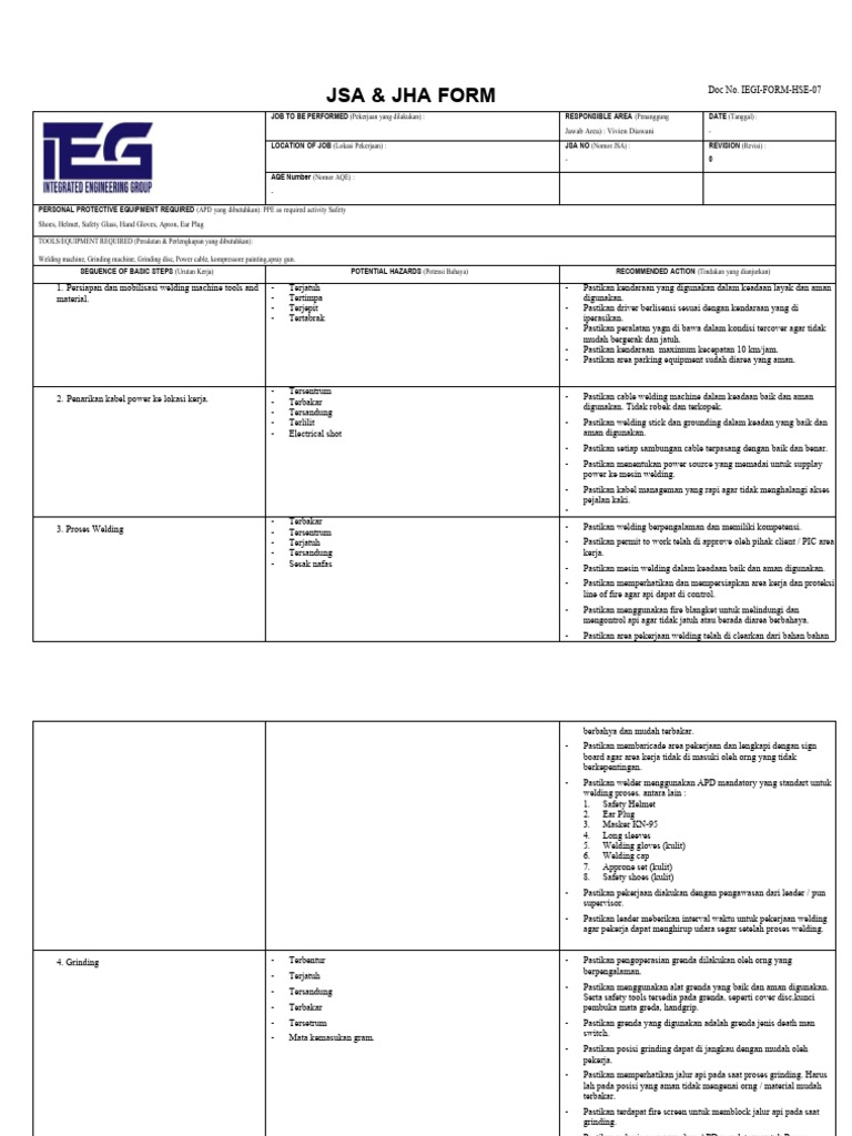 Formulir JSA & JHA untuk Keselamatan Kerja | PDF