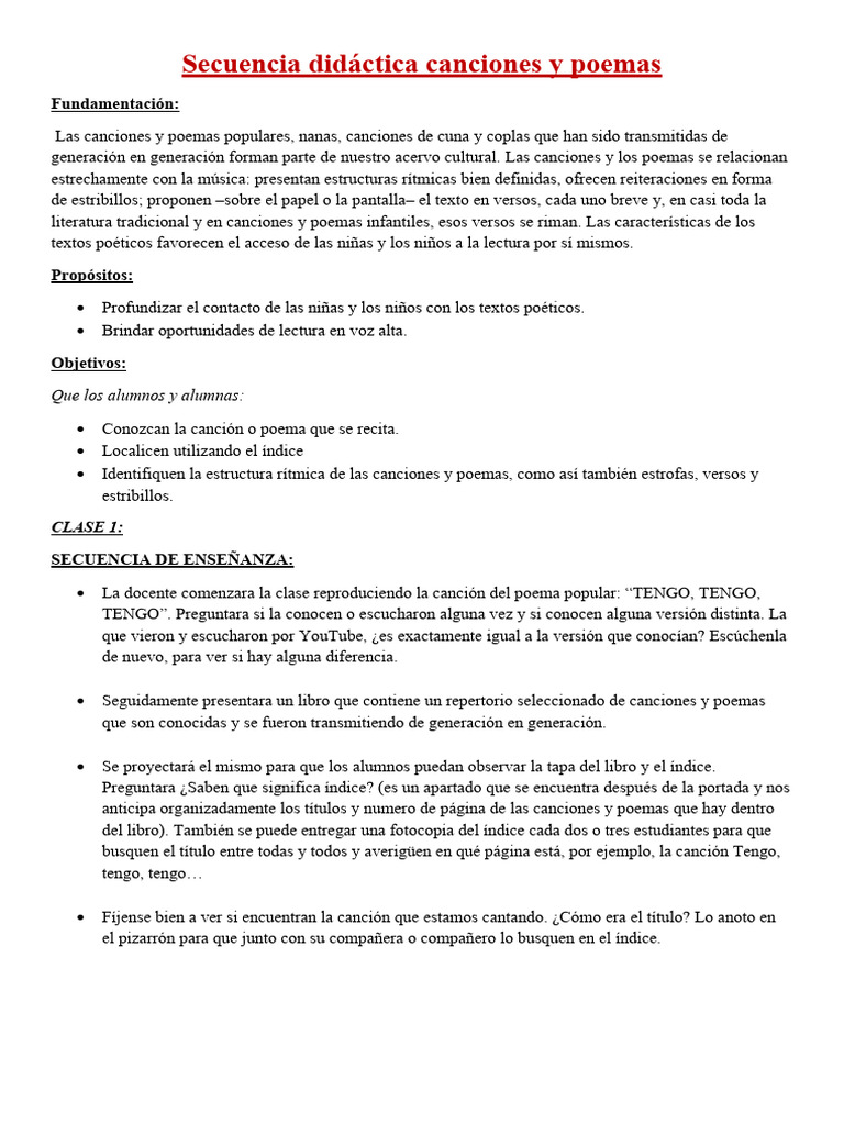 Secuencia Didactica Canciones y Poemas | PDF | Canciones | Poesía