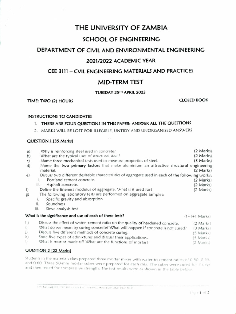 CEE 3111 Civil Engineering Exam 2023 | PDF | Concrete | Building ...