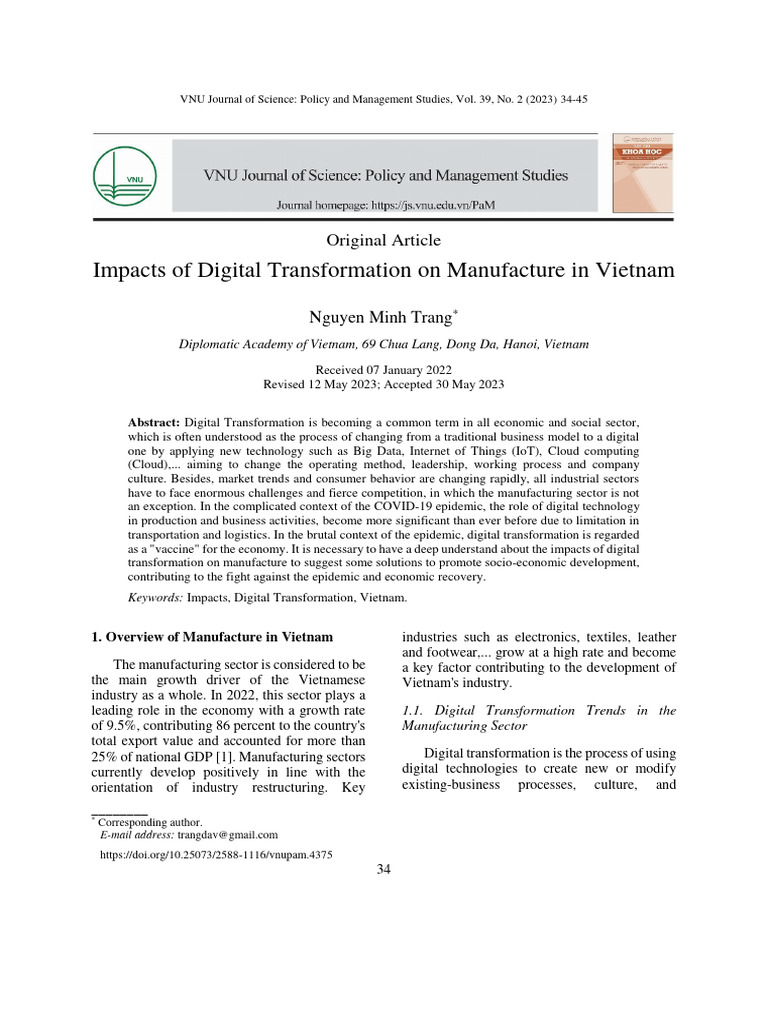 Impacts of Digital Transformation on Manufacture in Vietnam | Download Free PDF | Vietnam | E ...
