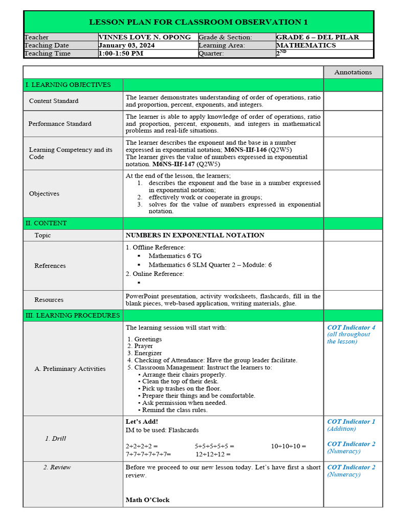 Grade 6 Math Lesson Plan: Exponents | PDF | Exponentiation | Learning