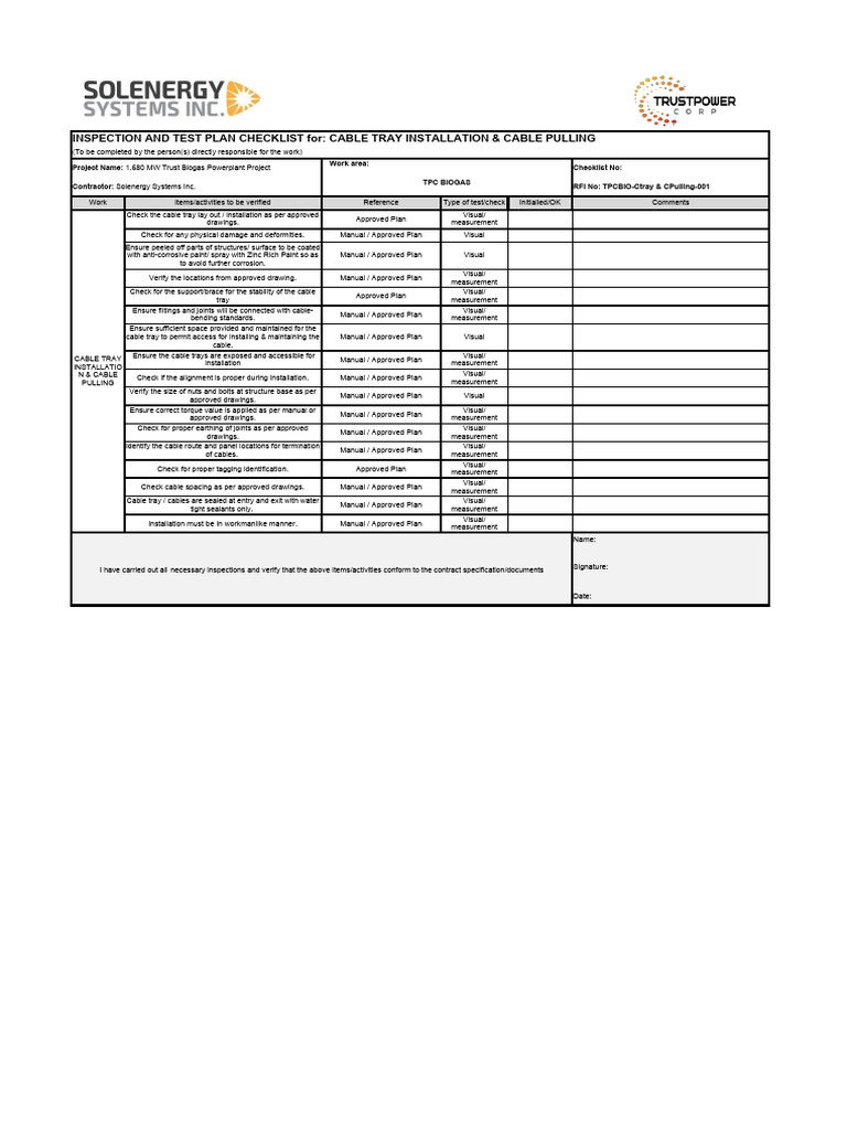 Cable Tray Installation and Cable Pulling Checklist | PDF | Technology ...