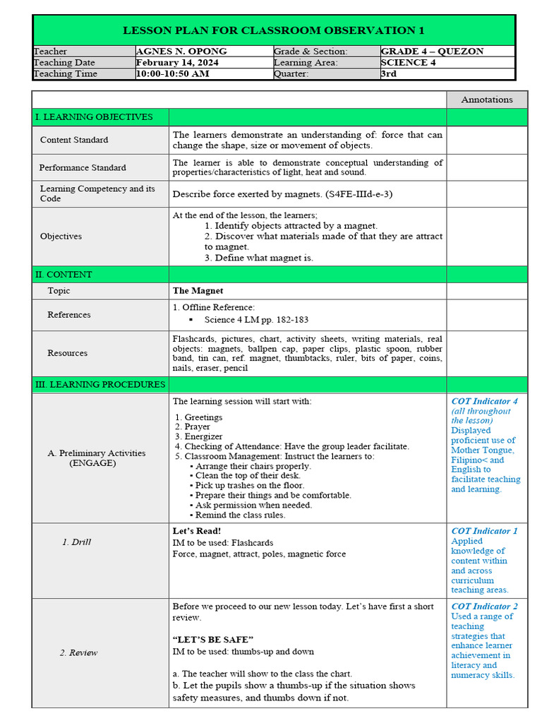 Grade 4 Science: Magnet Lesson Plan | PDF | Learning | Behavior ...