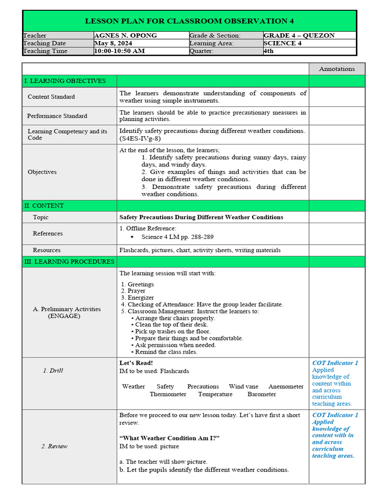 Weather Safety Precautions Lesson Plan | PDF | Learning | Curriculum