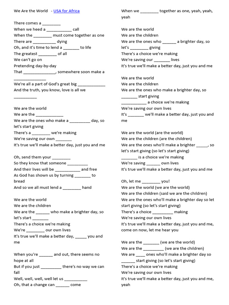 We Are the World Lyrics Analysis | PDF | Wellness