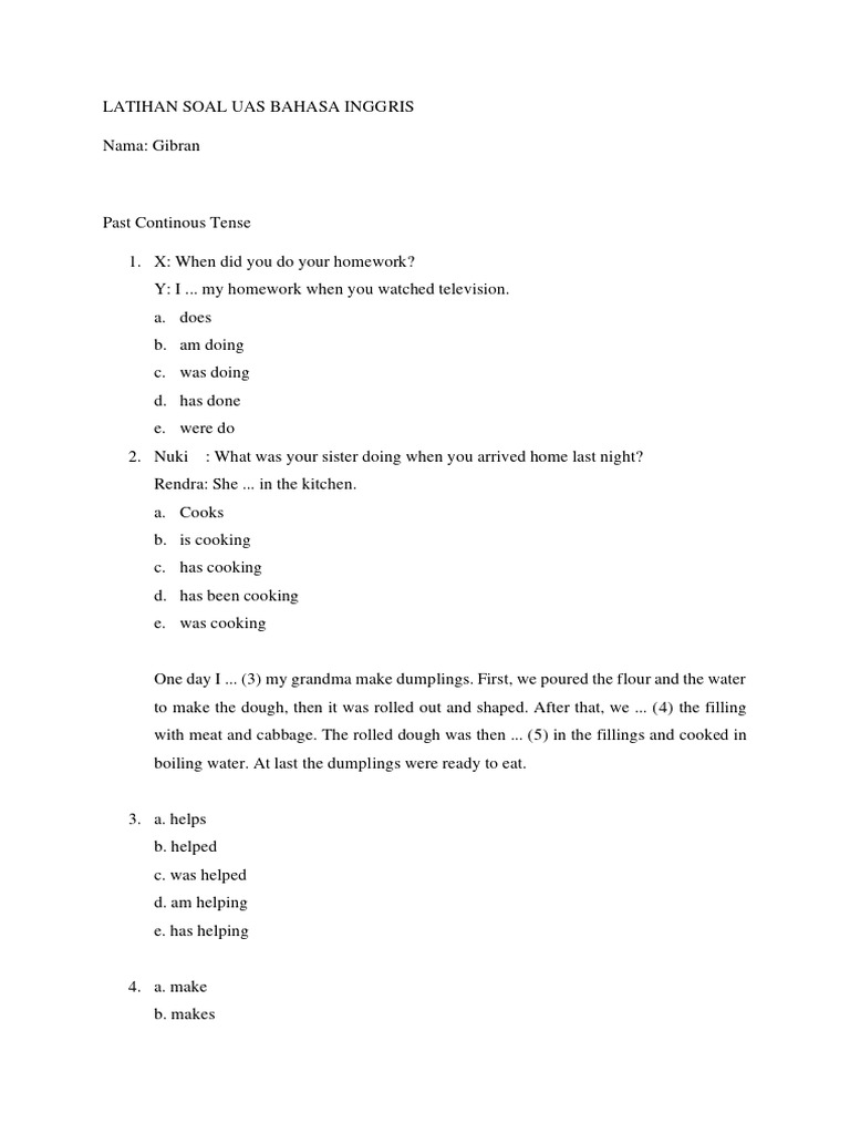 Latihan Soal Uas Bahasa Inggris Pdf Foods Food And Drink Preparation