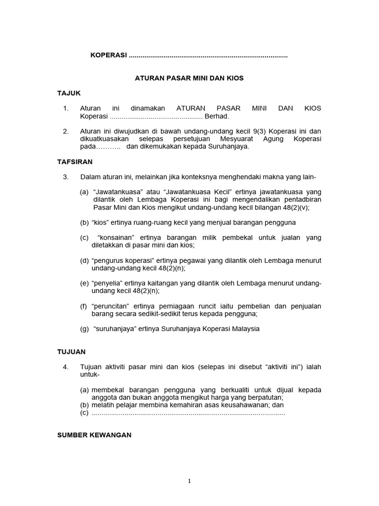 CTH Aturan Pasar Mini, Kios | PDF