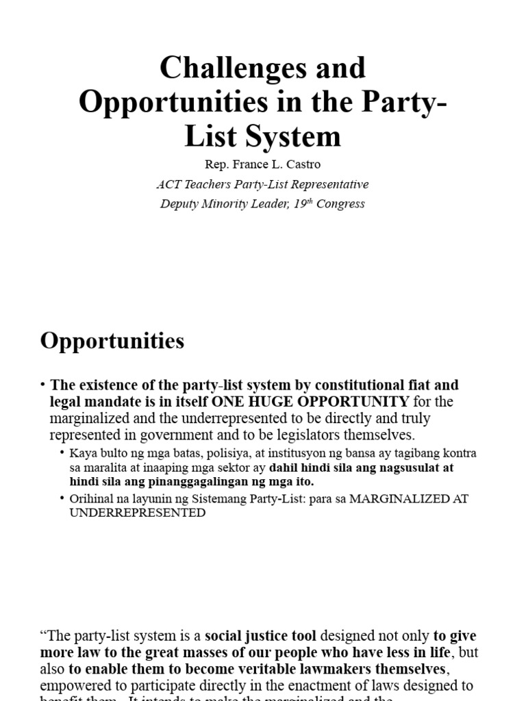 Opportunities and Challenges in The Party-List System | PDF | Government