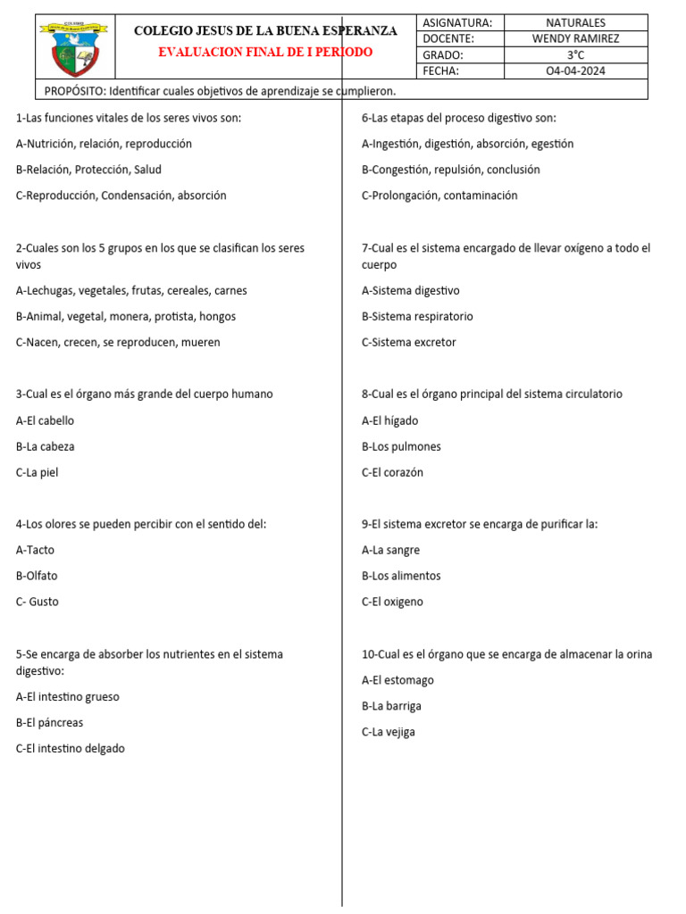 EVALUACIÓN 3° NATURALES 1 PERIODO | PDF | Digestión | Sistema digestivo ...