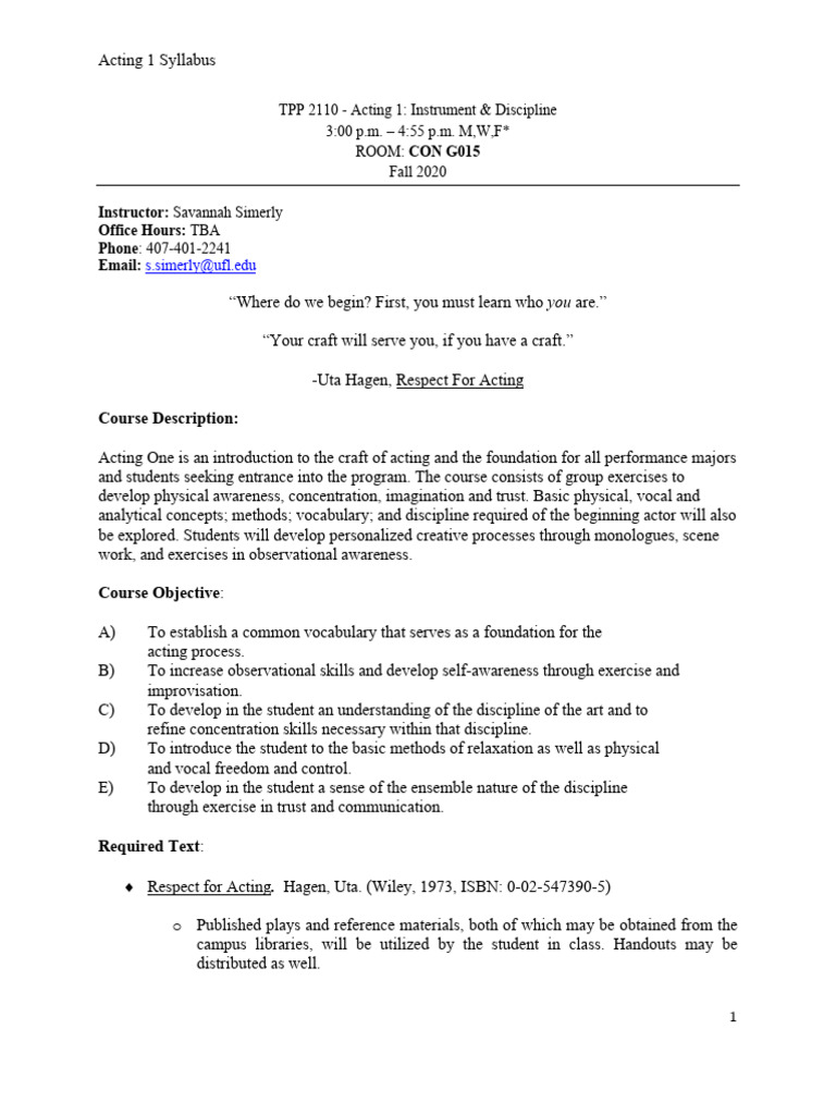 Acting I Syllabus | PDF | Academic Dishonesty | Classroom