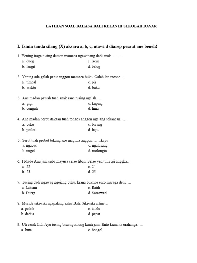LATIHAN SOAL KELAS 3 BAHASA BALI | PDF