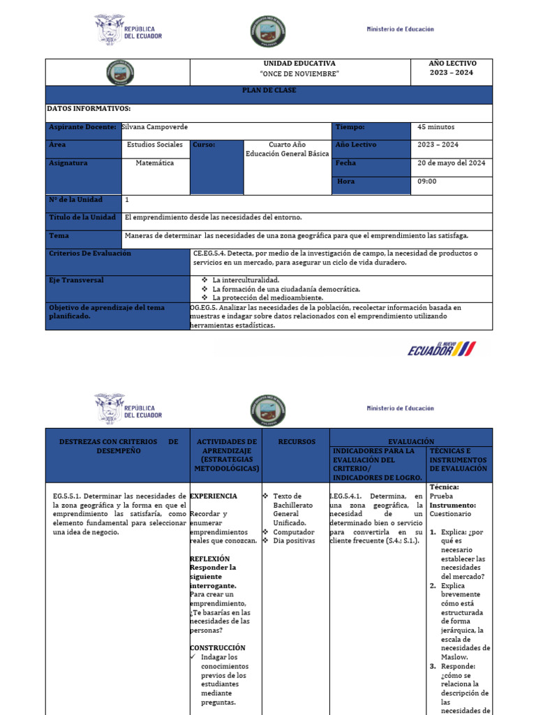 Plan de Clase - Erca | Descargar gratis PDF | Evaluación | Iniciativa ...