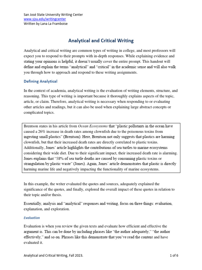 Analytical and Critical Writing | PDF | Essays | Citation