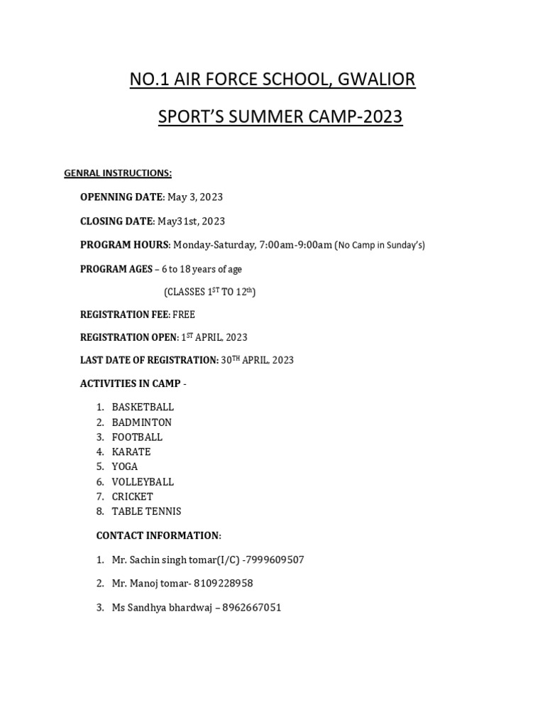 Free Summer Sports Camp 2023 Gwalior | PDF