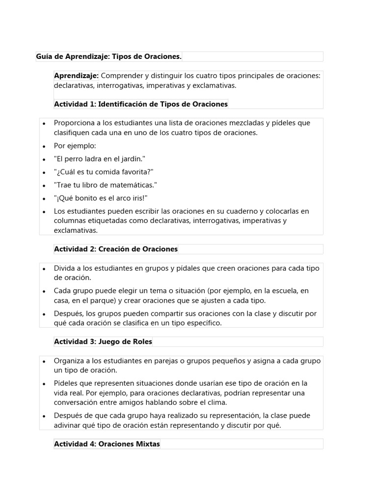Guía de Aprendizaje-Tipos Oraciones-P2#2 | PDF | Oración (Lingüística ...