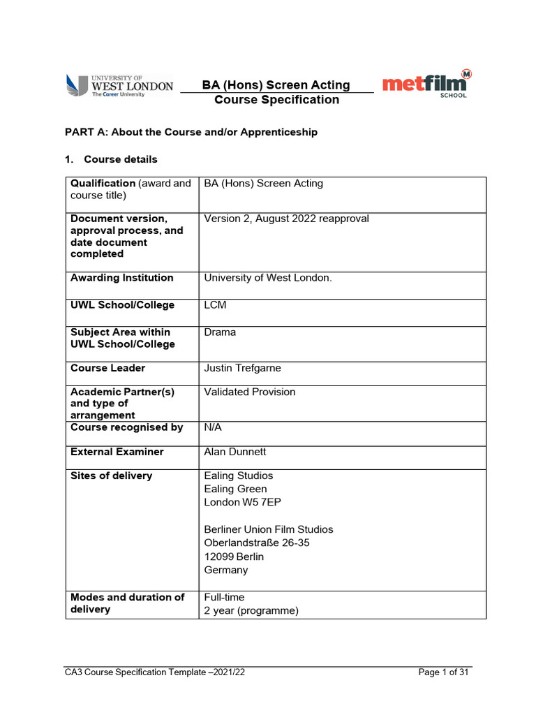 Course Specification BA Screen Acting MetFilm School 10 March 2023 | PDF | Critical Thinking ...