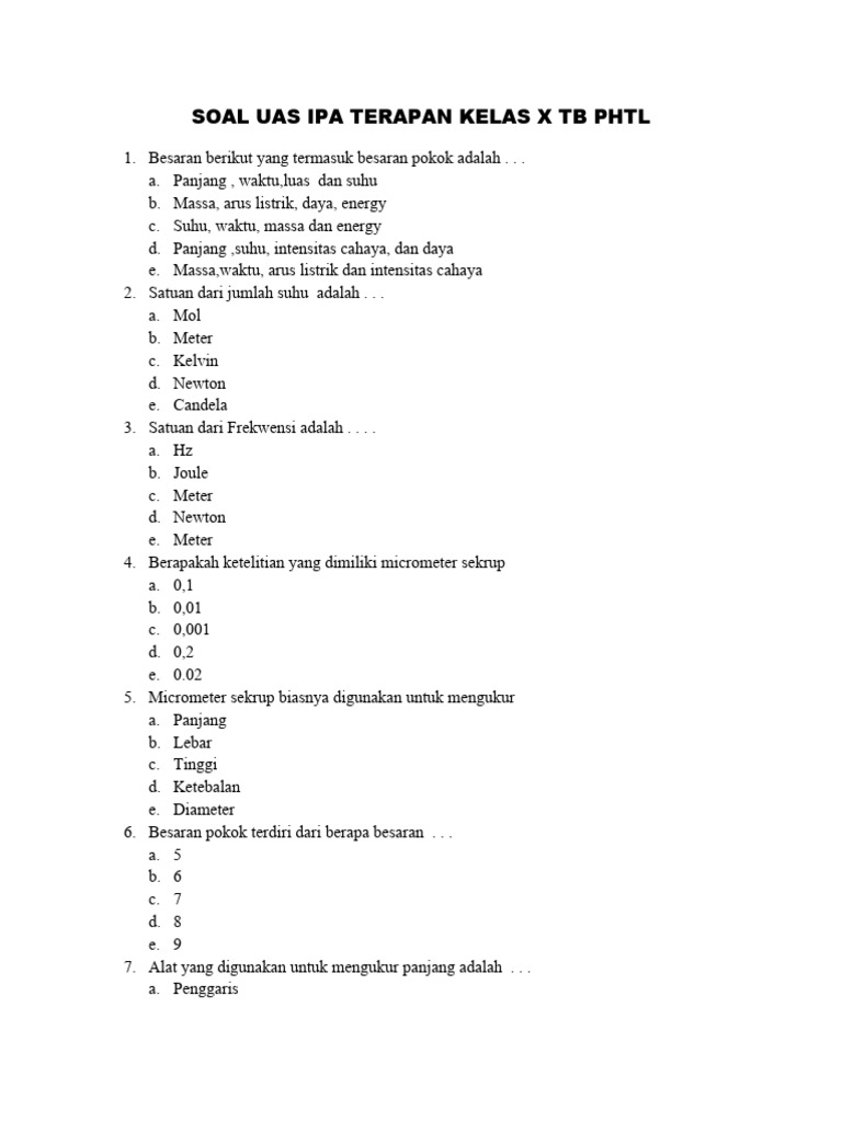 Soal Semester Ipa Terapan Kelas X TB PHTL | PDF