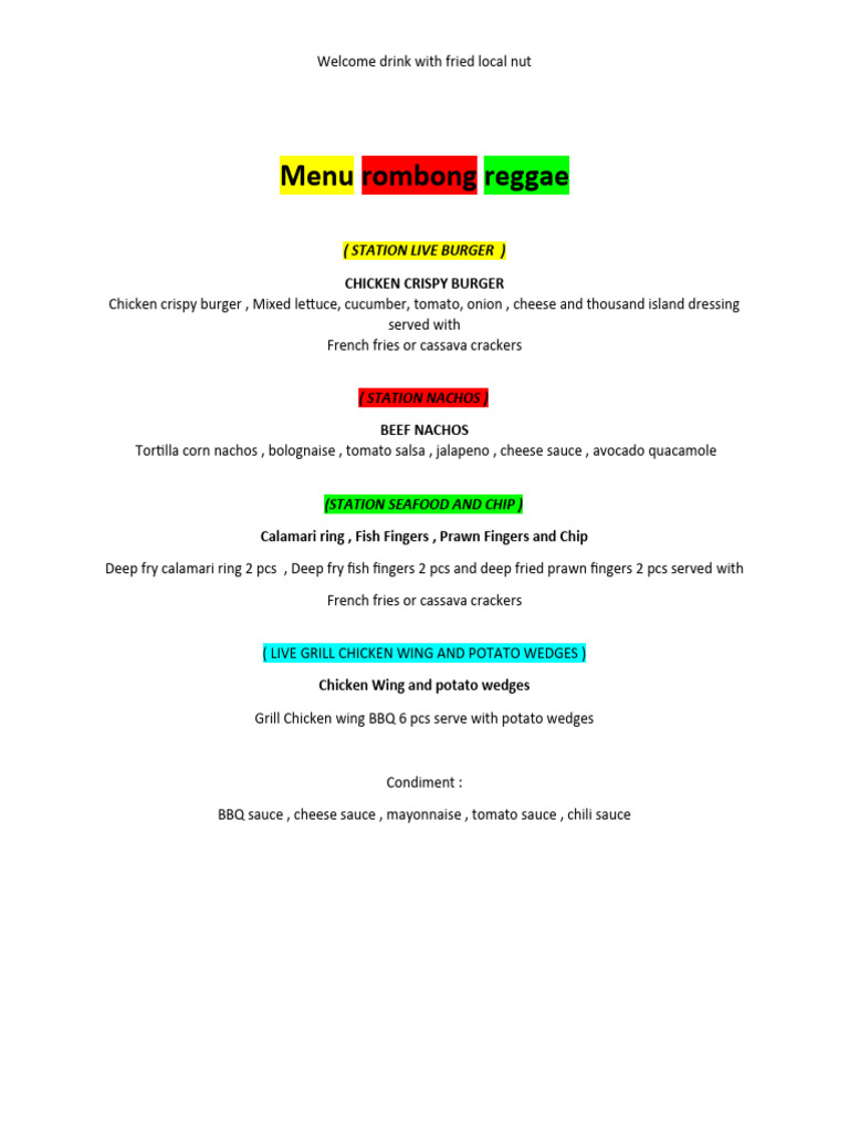 Rombong Reggae Menu: Burgers & Snacks | PDF