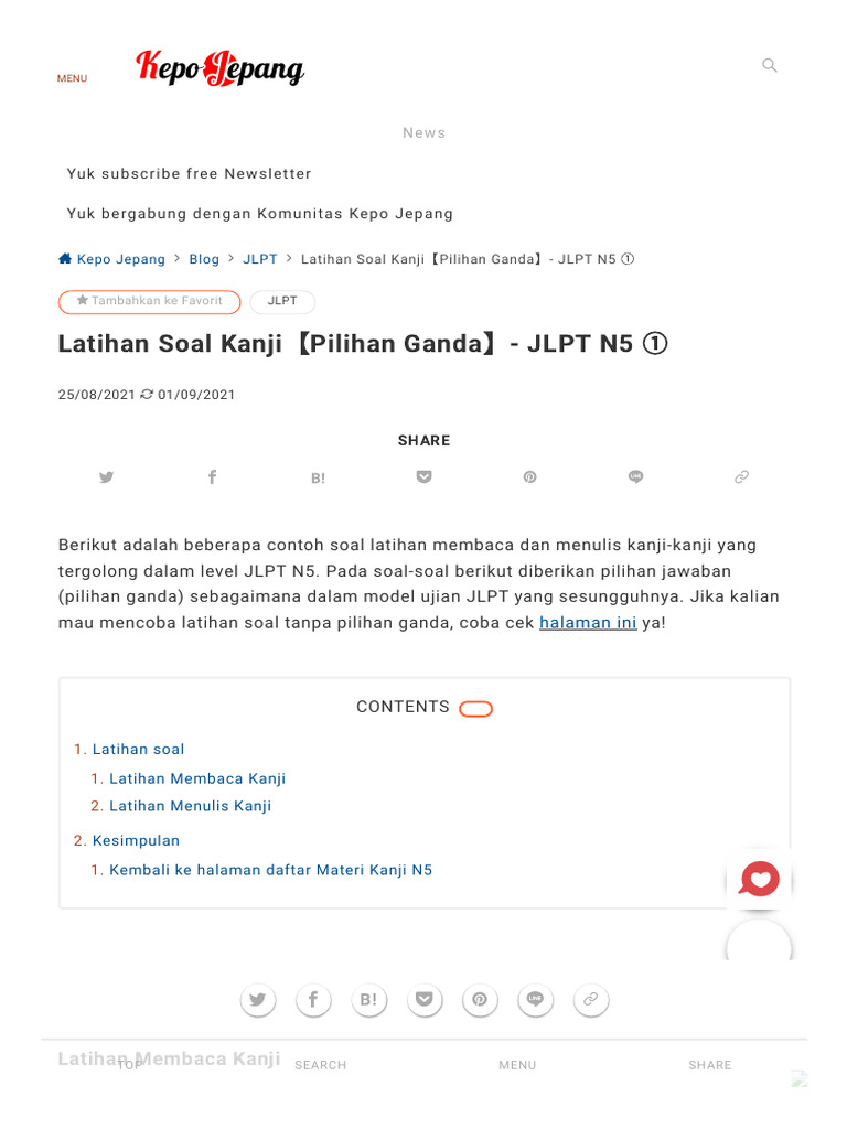 Latihan Soal Kanji【Pilihan Ganda】- JLPT N5 ① - Kepo Jepang | PDF | Seni & Disiplin Bahasa
